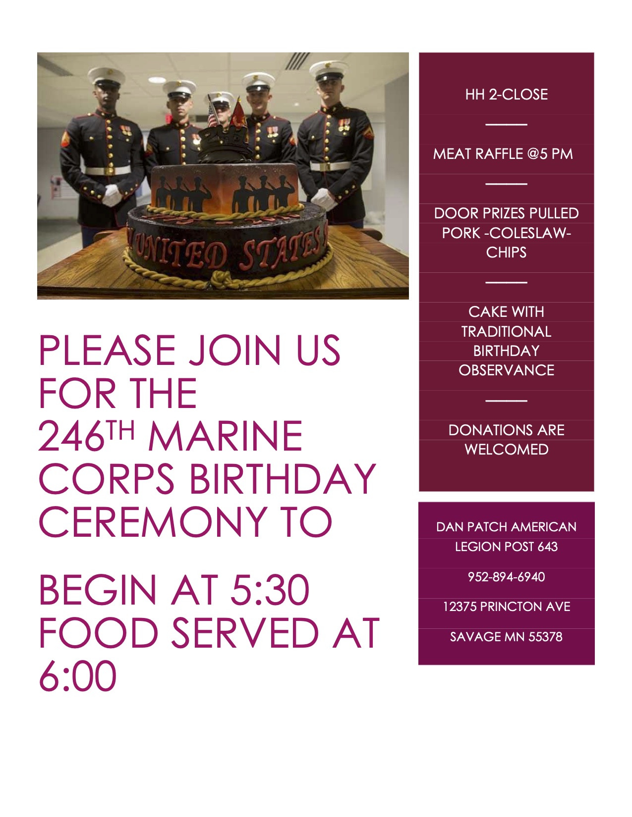 246th Marine Corps Birthday Ceremony – Dan Patch American Legion Post 643